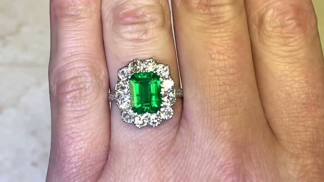 2.18ct Emerald and Diamond Cluster Platinum Reed Ring - EDJ