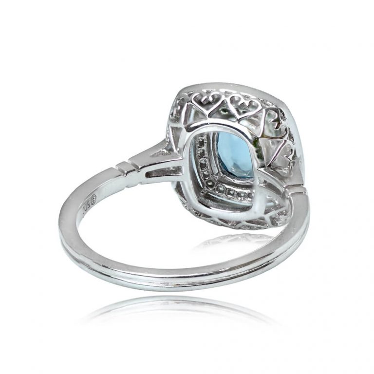 Aquamarine and Double Halo Platinum Roosevelt Ring - EDJ