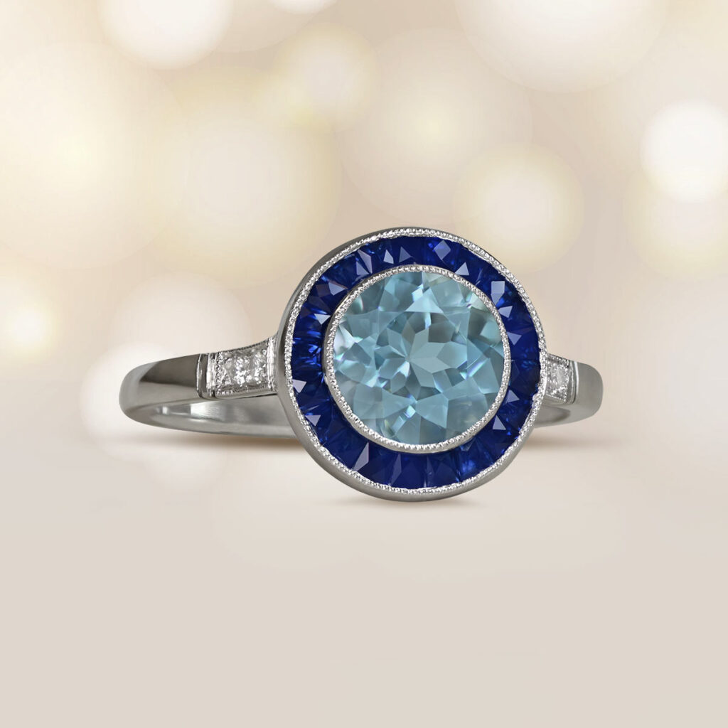 1.13ct Round Aquamarine and Sapphire Halo Tallis Ring - EDJ
