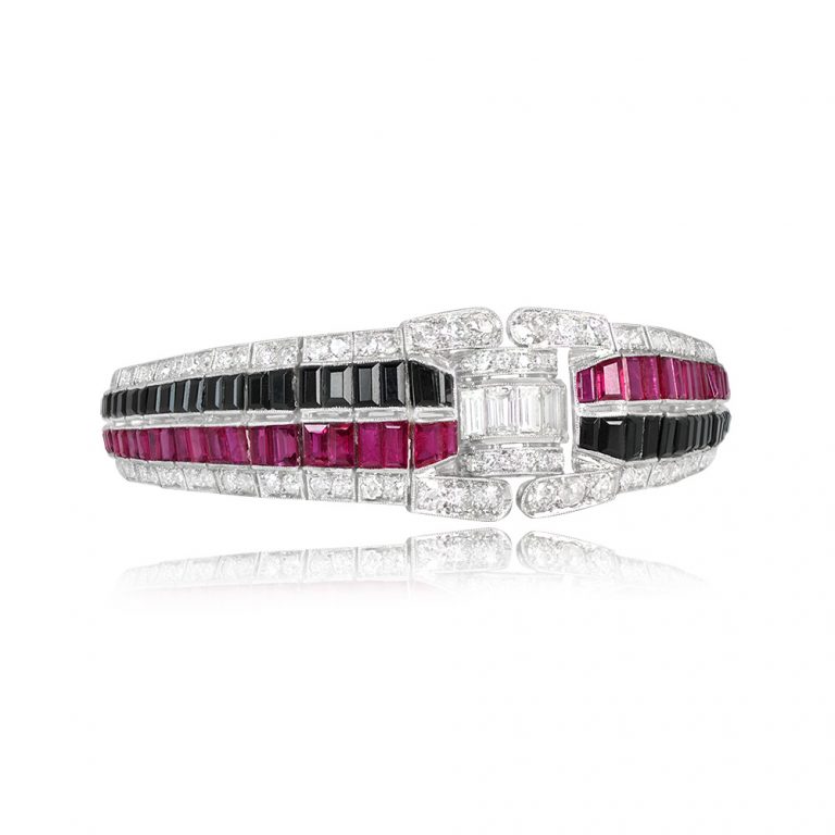 Antique Art Deco Diamond Onyx and Ruby Bracelet - EDJ