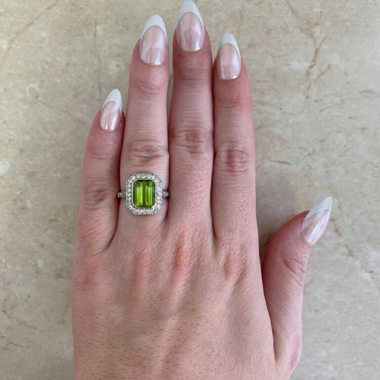 3.53ct Emerald-Cut Peridot with Halo of Diamonds - EDJ